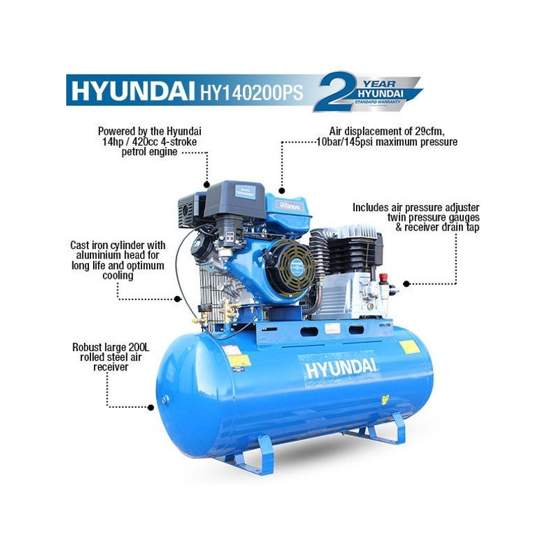 Hyundai 200L Litre Air Compressor, 29CFM/145psi, Twin Cylinder Belt ...