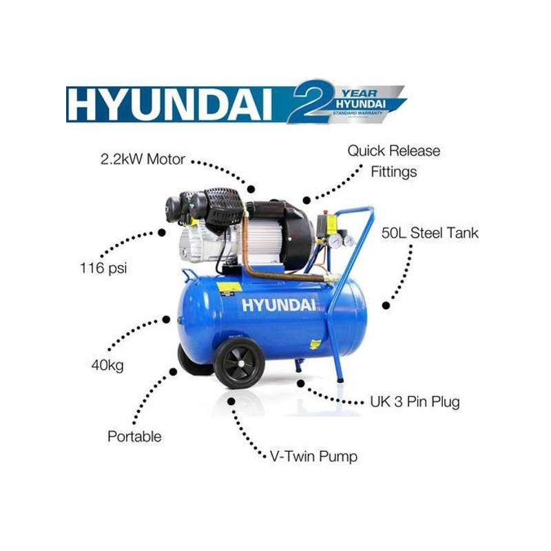 Hyundai 50L Air Compressor, 14CFM/116psi, Direct Drive V-Twin, 3HP